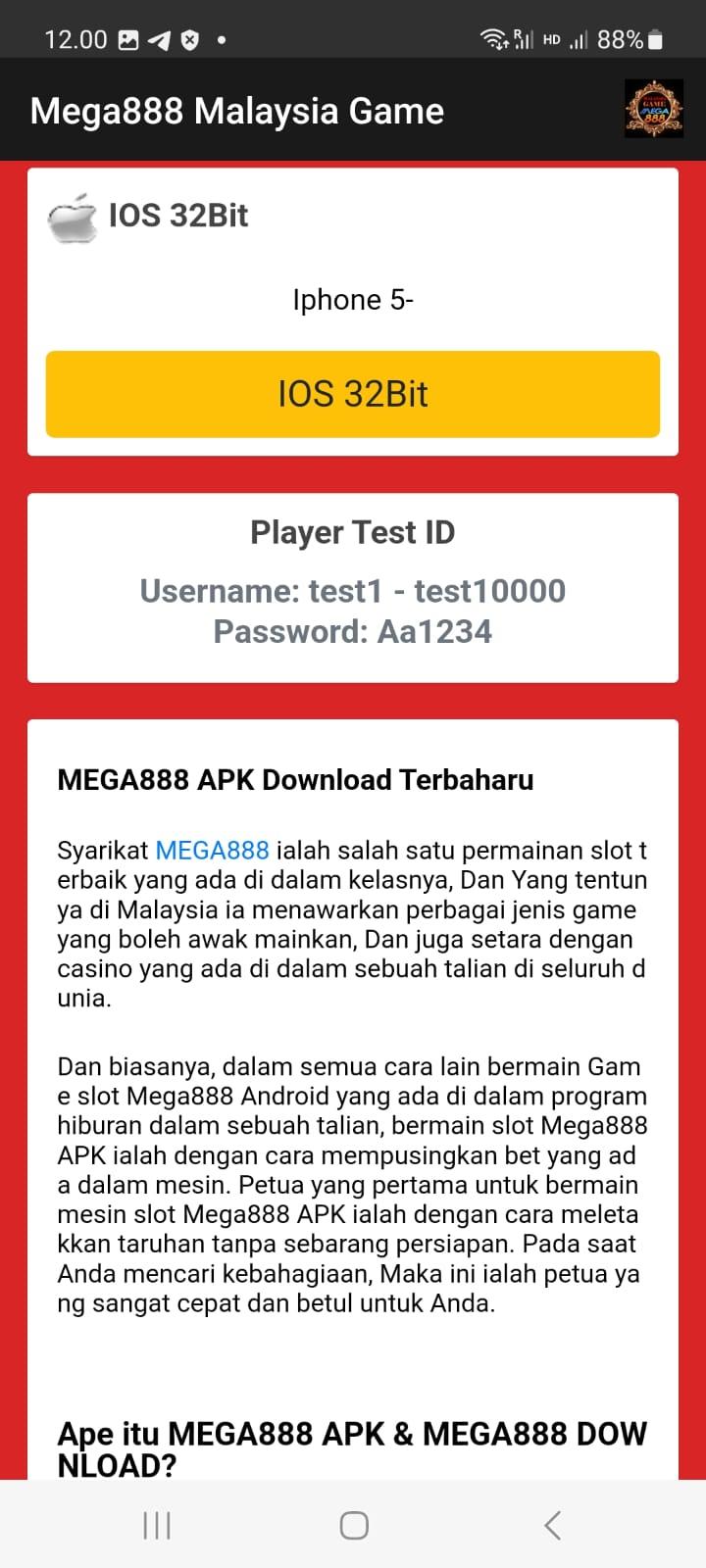 Download ORIGINAL MEGA888 App Malaysia android on PC